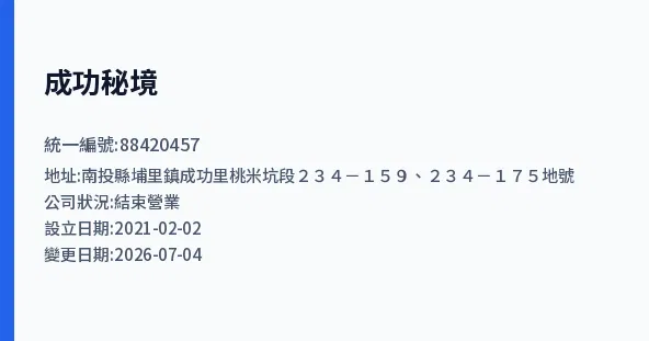成功秘境的照片-統編 88420457(南投縣) 公司登記資料與營業項目詳細圖表