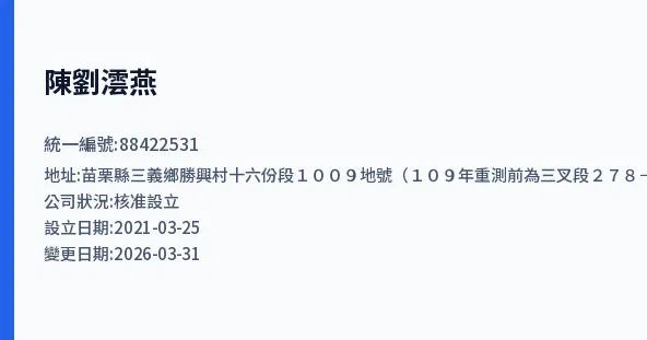 陳劉澐燕的照片-統編 88422531(苗栗縣) 公司登記資料與營業項目詳細圖表