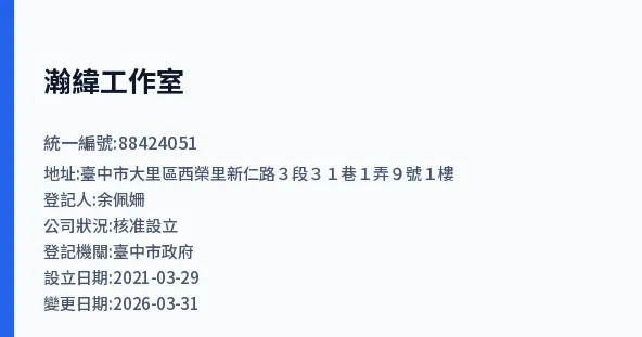 瀚緯工作室的照片-統編 88424051(臺中市) 公司登記資料與營業項目詳細圖表