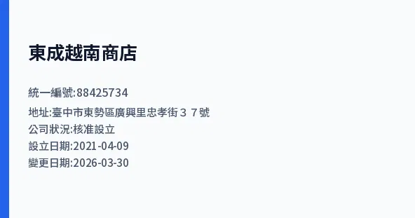 東成越南商店的照片-統編 88425734(臺中市) 公司登記資料與營業項目詳細圖表