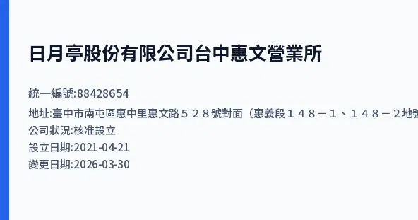 日月亭股份有限公司台中惠文營業所的照片-統編 88428654(臺中市) 公司登記資料與營業項目詳細圖表