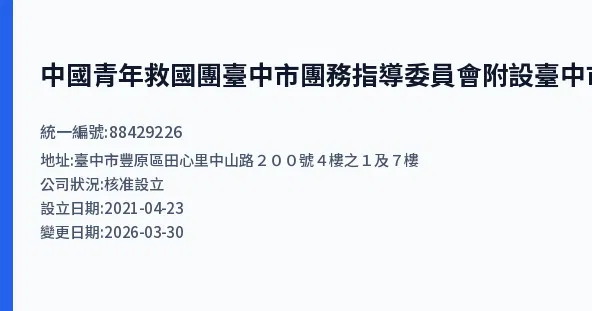 中國青年救國團臺中市團務指導委員會附設臺中市私立中山英語技藝短期補習班的照片-統編 88429226(臺中市) 公司登記資料與營業項目詳細圖表