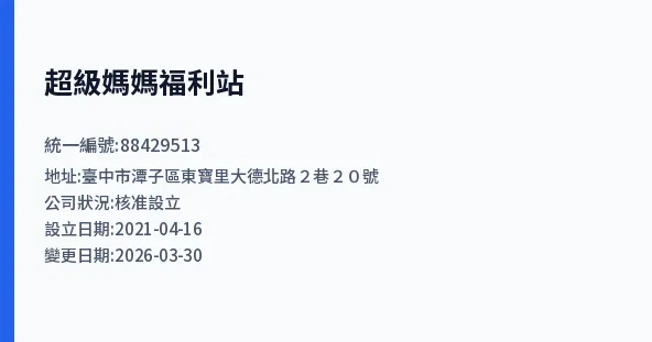超級媽媽福利站的照片-統編 88429513(臺中市) 公司登記資料與營業項目詳細圖表
