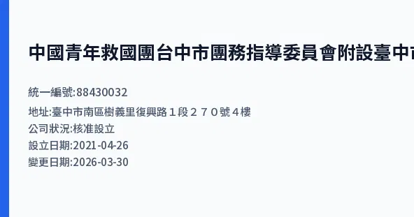 中國青年救國團台中市團務指導委員會附設臺中市私立復興語文技藝短期補習班的照片-統編 88430032(臺中市) 公司登記資料與營業項目詳細圖表