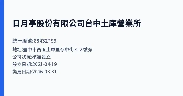 日月亭股份有限公司台中土庫營業所的照片-統編 88432799(臺中市) 公司登記資料與營業項目詳細圖表