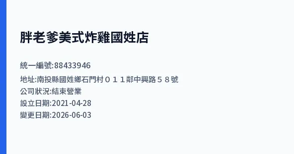 胖老爹美式炸雞國姓店的照片-統編 88433946(南投縣) 公司登記資料與營業項目詳細圖表