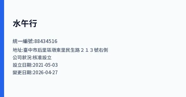 水午行的照片-統編 88434516(臺中市) 公司登記資料與營業項目詳細圖表