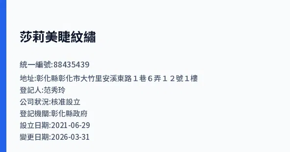 莎莉美睫紋繡的照片-統編 88435439(彰化縣) 公司登記資料與營業項目詳細圖表