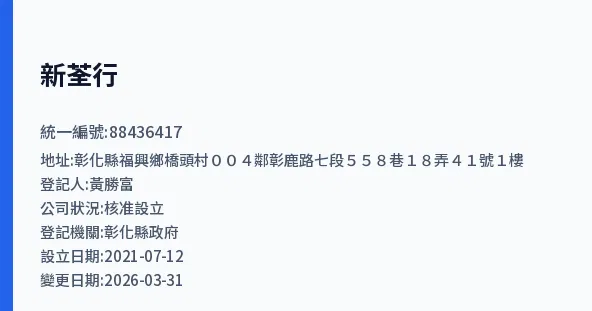 新荃行的照片-統編 88436417(彰化縣) 公司登記資料與營業項目詳細圖表