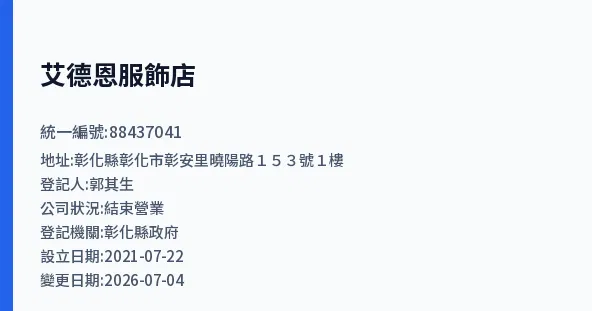 艾德恩服飾店的照片-統編 88437041(彰化縣) 公司登記資料與營業項目詳細圖表