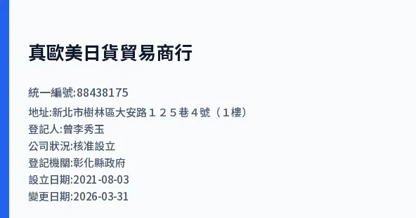 真歐美日貨貿易商行的照片-統編 88438175(新北市) 公司登記資料與營業項目詳細圖表