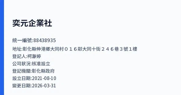 奕元企業社的照片-統編 88438935(彰化縣) 公司登記資料與營業項目詳細圖表