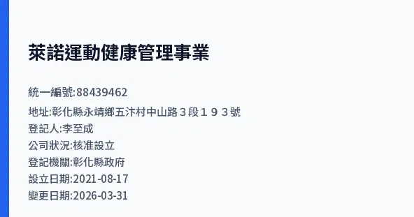 萊諾運動健康管理事業的照片-統編 88439462(彰化縣) 公司登記資料與營業項目詳細圖表