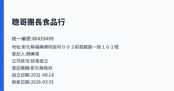 聰哥團長食品行的照片-統編 88439499(彰化縣) 公司登記資料與營業項目詳細圖表