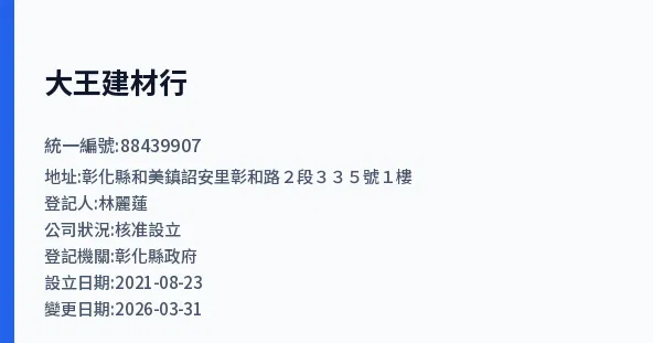 大王建材行的照片-統編 88439907(彰化縣) 公司登記資料與營業項目詳細圖表