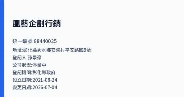 凰藝企劃行銷的照片-統編 88440025(彰化縣) 公司登記資料與營業項目詳細圖表