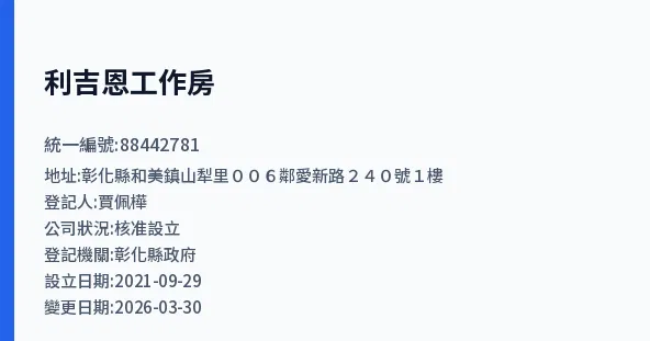 利吉恩工作房的照片-統編 88442781(彰化縣) 公司登記資料與營業項目詳細圖表