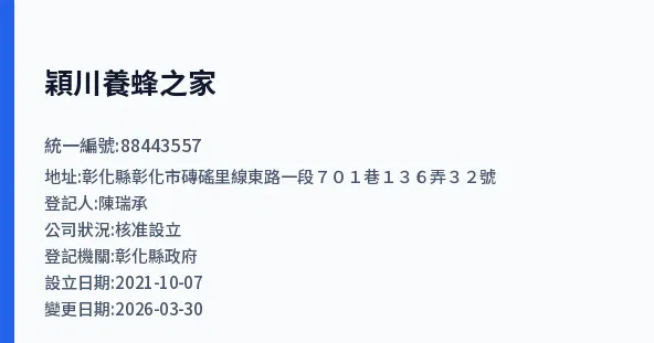 穎川養蜂之家的照片-統編 88443557(彰化縣) 公司登記資料與營業項目詳細圖表