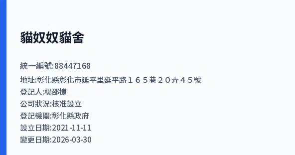 貓奴奴貓舍的照片-統編 88447168(彰化縣) 公司登記資料與營業項目詳細圖表