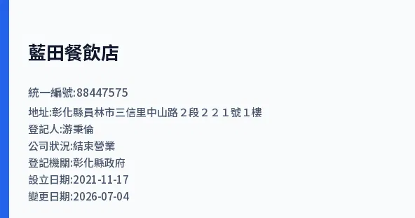 藍田餐飲店的照片-統編 88447575(彰化縣) 公司登記資料與營業項目詳細圖表