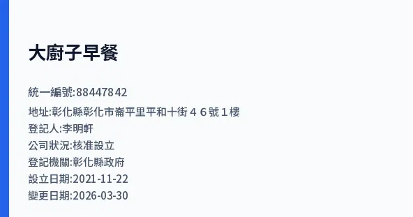 大廚子早餐的照片-統編 88447842(彰化縣) 公司登記資料與營業項目詳細圖表