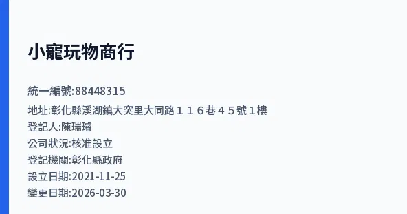 小寵玩物商行的照片-統編 88448315(彰化縣) 公司登記資料與營業項目詳細圖表