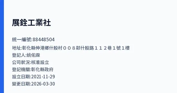 展銓工業社的照片-統編 88448504(彰化縣) 公司登記資料與營業項目詳細圖表