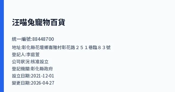 汪喵兔寵物百貨的照片-統編 88448700(彰化縣) 公司登記資料與營業項目詳細圖表