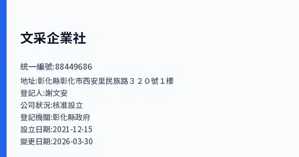 文采企業社的照片-統編 88449686(彰化縣) 公司登記資料與營業項目詳細圖表