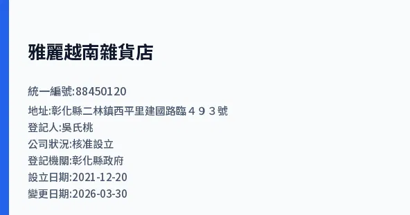 雅麗越南雜貨店的照片-統編 88450120(彰化縣) 公司登記資料與營業項目詳細圖表