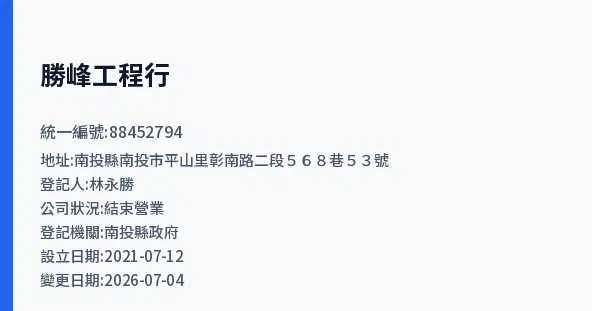 勝峰工程行的照片-統編 88452794(南投縣) 公司登記資料與營業項目詳細圖表