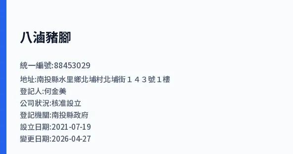 八滷豬腳的照片-統編 88453029(南投縣) 公司登記資料與營業項目詳細圖表