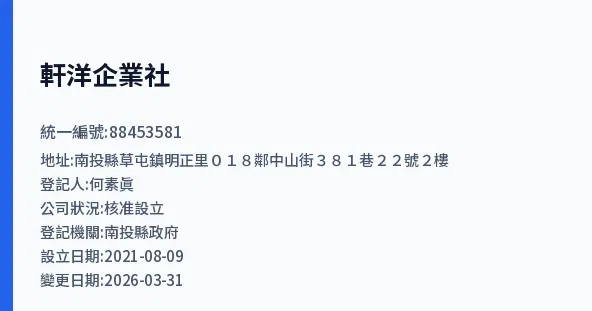 軒洋企業社的照片-統編 88453581(南投縣) 公司登記資料與營業項目詳細圖表