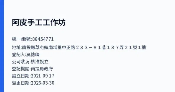 阿皮手工工作坊的照片-統編 88454771(南投縣) 公司登記資料與營業項目詳細圖表