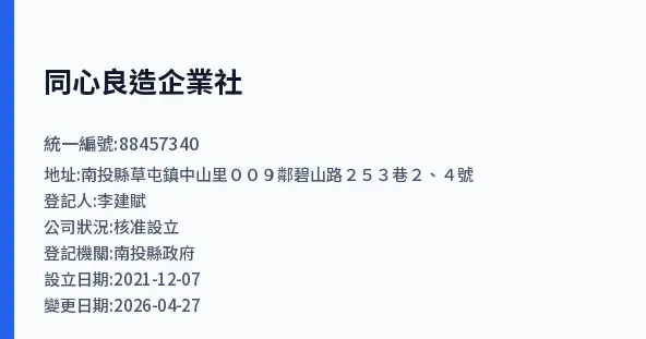 同心良造企業社的照片-統編 88457340(南投縣) 公司登記資料與營業項目詳細圖表