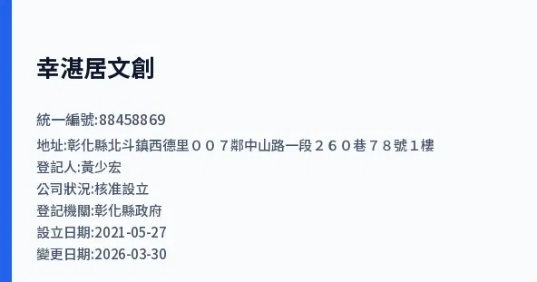 幸湛居文創的照片-統編 88458869(彰化縣) 公司登記資料與營業項目詳細圖表
