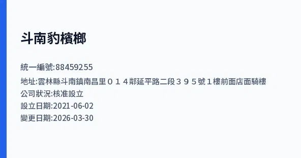 斗南豹檳榔的照片-統編 88459255(雲林縣) 公司登記資料與營業項目詳細圖表