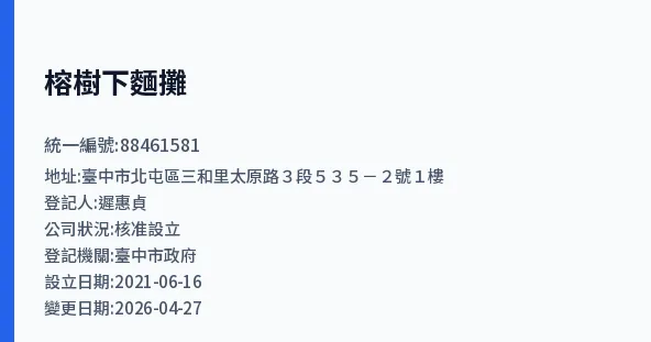 榕樹下麵攤的照片-統編 88461581(臺中市) 公司登記資料與營業項目詳細圖表