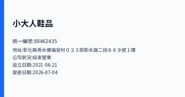 小大人鞋品的照片-統編 88462435(彰化縣) 公司登記資料與營業項目詳細圖表