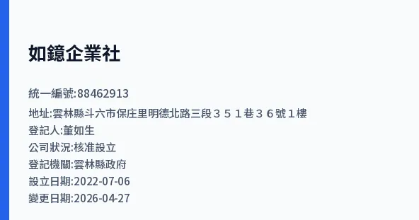 如鐿企業社的照片-統編 88462913(雲林縣) 公司登記資料與營業項目詳細圖表