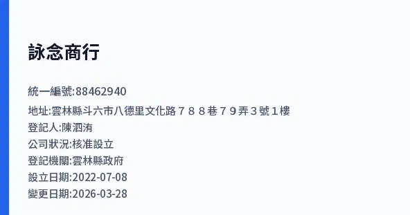 詠念商行的照片-統編 88462940(雲林縣) 公司登記資料與營業項目詳細圖表
