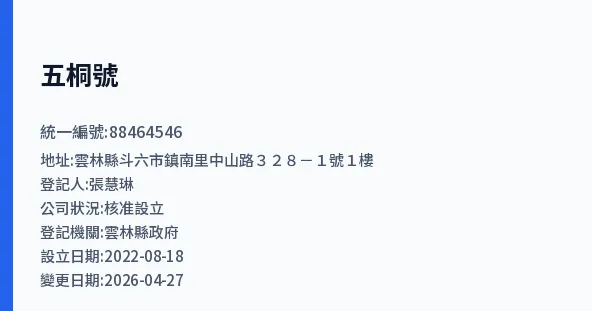 五桐號的照片-統編 88464546(雲林縣) 公司登記資料與營業項目詳細圖表