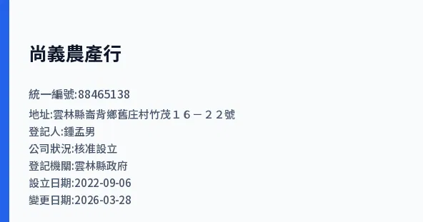 尚義農產行的照片-統編 88465138(雲林縣) 公司登記資料與營業項目詳細圖表