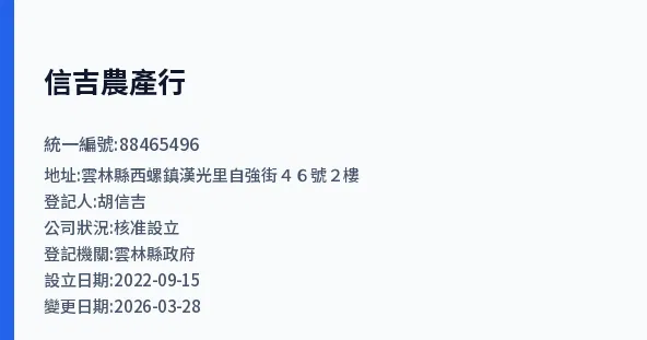 信吉農產行的照片-統編 88465496(雲林縣) 公司登記資料與營業項目詳細圖表