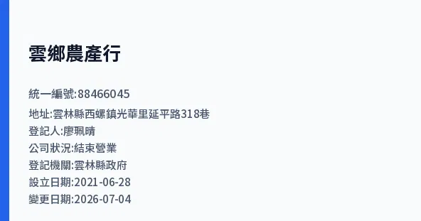 雲鄉農產行的照片-統編 88466045(雲林縣) 公司登記資料與營業項目詳細圖表