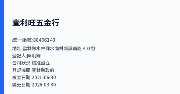 壹利旺五金行的照片-統編 88466143(雲林縣) 公司登記資料與營業項目詳細圖表