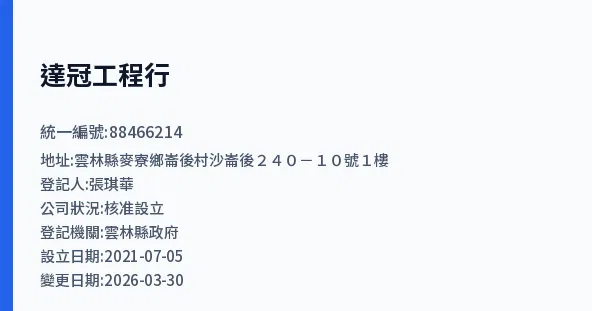 達冠工程行的照片-統編 88466214(雲林縣) 公司登記資料與營業項目詳細圖表