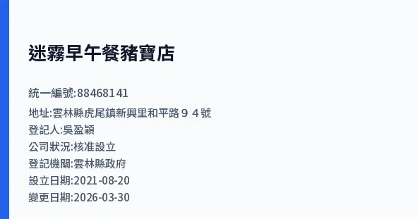 迷霧早午餐豬寶店的照片-統編 88468141(雲林縣) 公司登記資料與營業項目詳細圖表