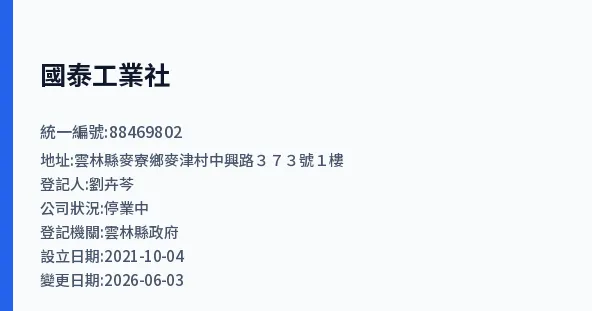 國泰工業社的照片-統編 88469802(雲林縣) 公司登記資料與營業項目詳細圖表