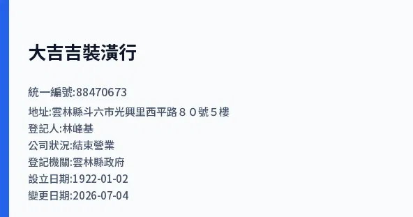 大吉吉裝潢行的照片-統編 88470673(雲林縣) 公司登記資料與營業項目詳細圖表